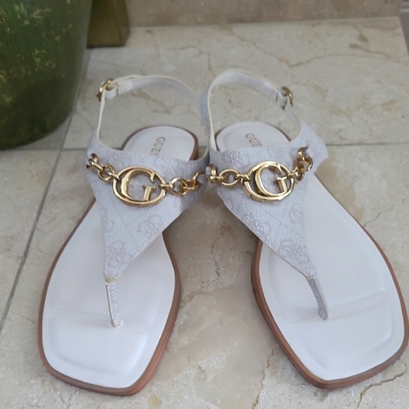 Guess | Shoes | Nwot Guess White Sandals With Gold Accents | Poshmark